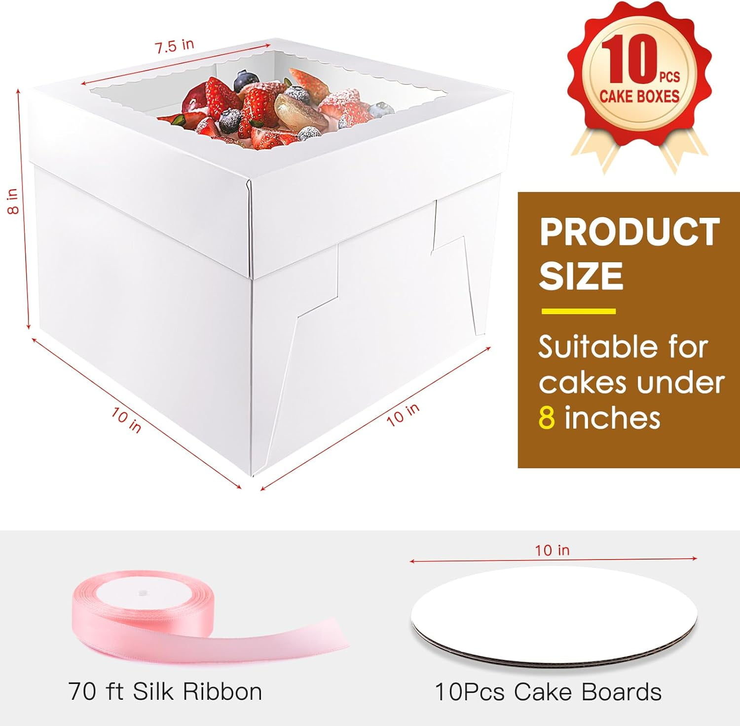 10-Pack 10x10x8in Tall Cake Boxes with Lids & Boards, White Bakery ...