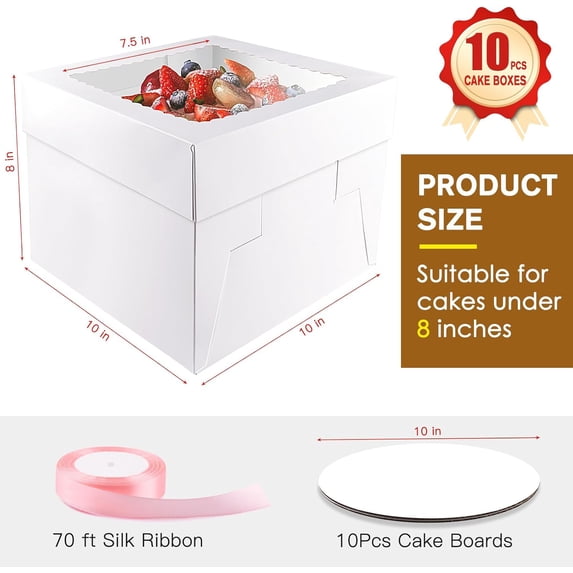 10-Pack 10x10x8in Tall Cake Boxes with Lids & Boards, White Bakery ...