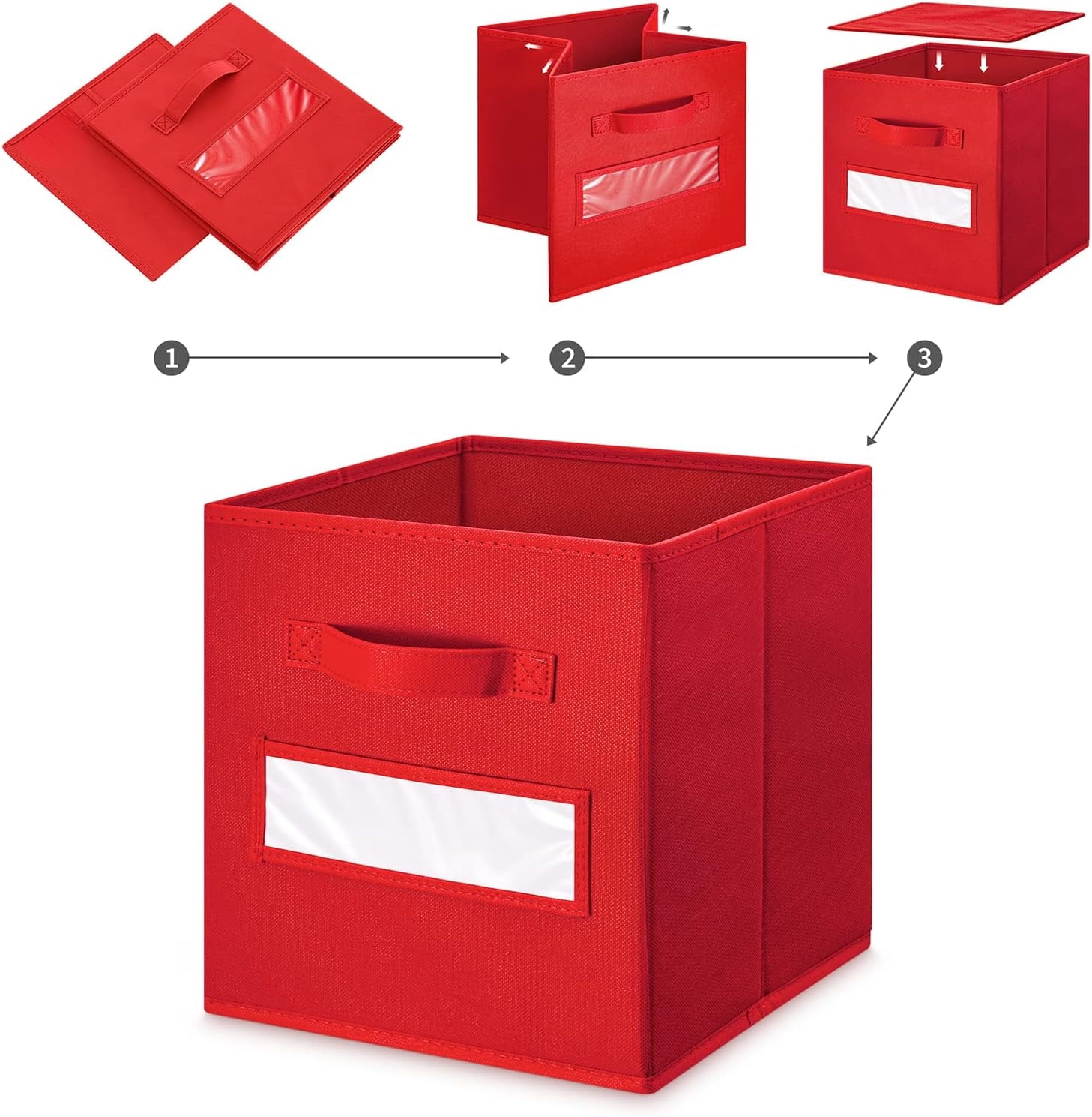 10 Pack 11 Inch Red Fabric Storage Cubes Foldable Bins with Labels ...