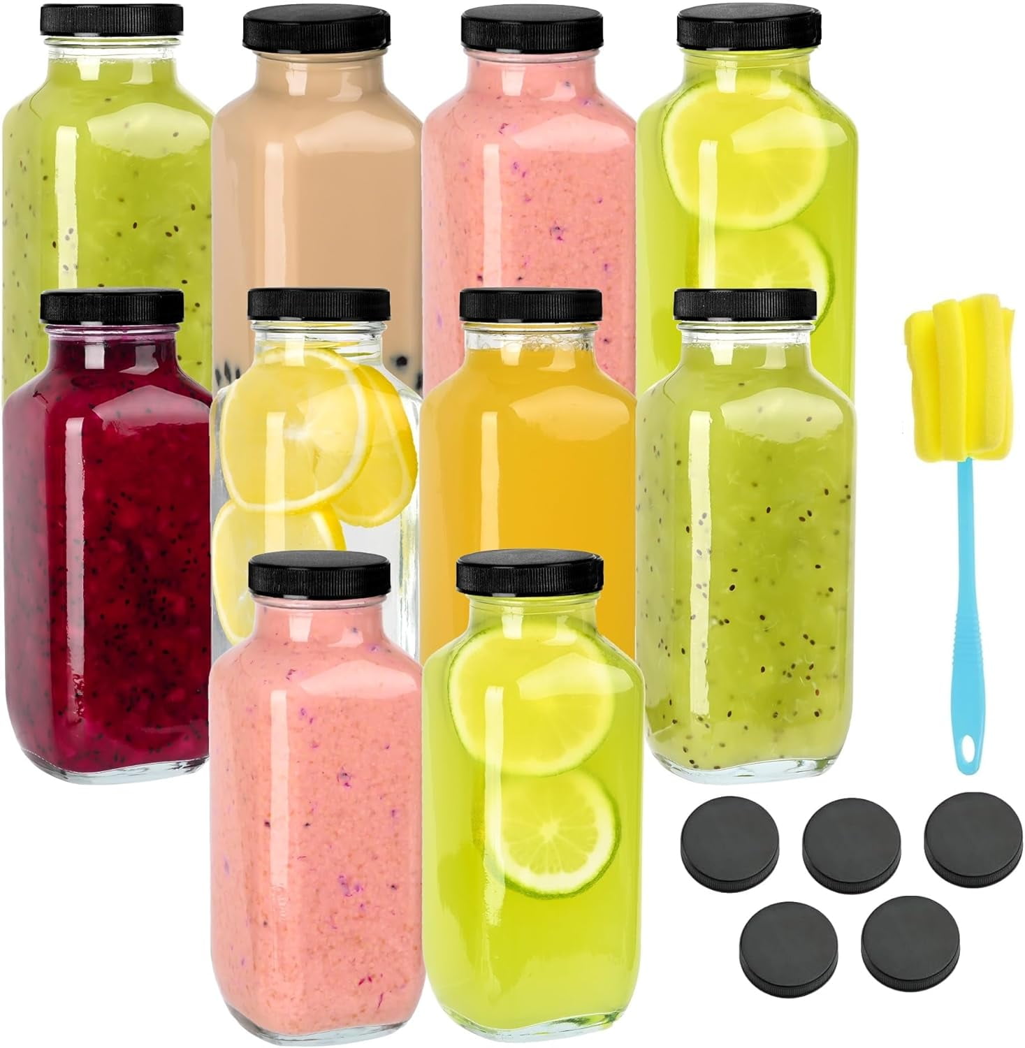 10 Pack 16oz Glass Juice Bottles with Lids - Reusable Juicing Bottles ...