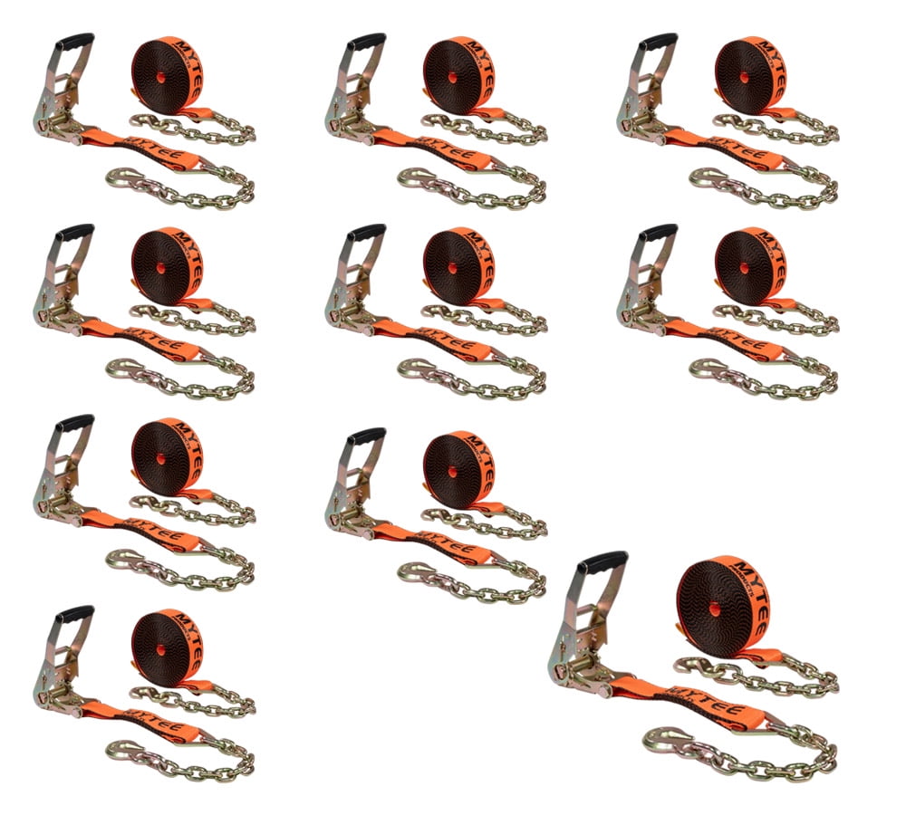 10 Pack 2"x30' Orange Ratchet Strap with Chain Anchor - 4000 Lbs WLL ...