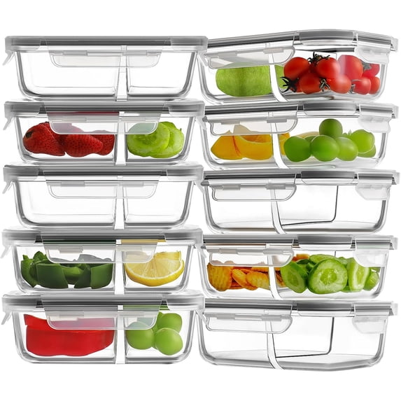 10 Pack 24oz Glass Meal Prep Containers with Lids, 2 Compartment Glass ...