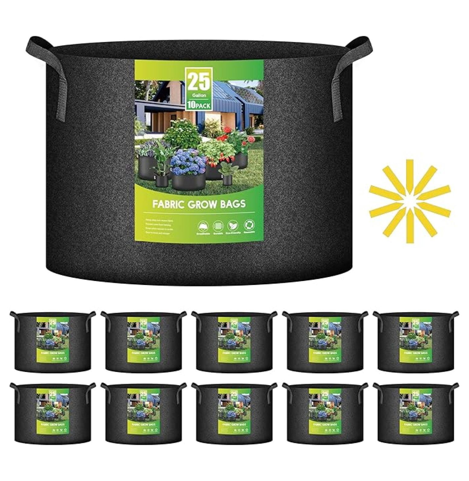 10-Pack 25 Gallon Grow Bags Heavy Duty Thickened Nonwoven Aeration ...