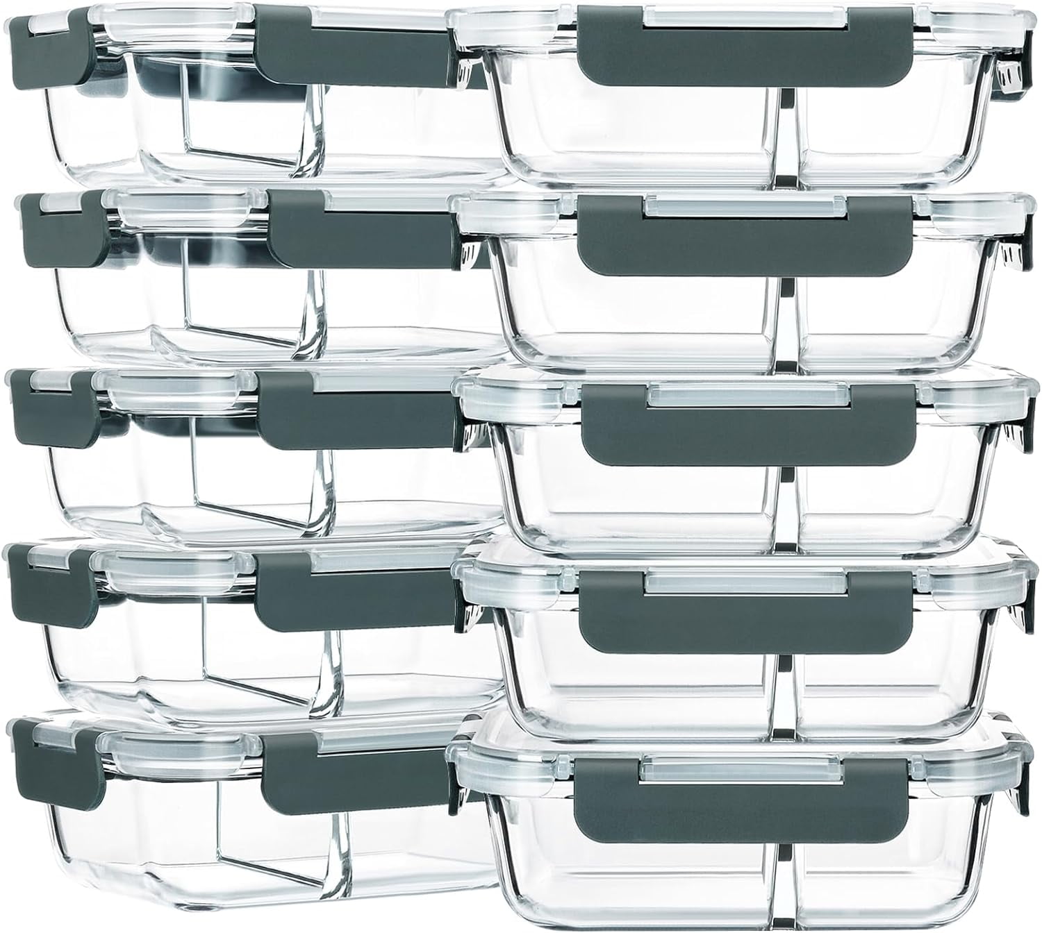 10-Pack,30 Oz Glass Meal Prep Containers 2 Compartments Airtight Lunch ...