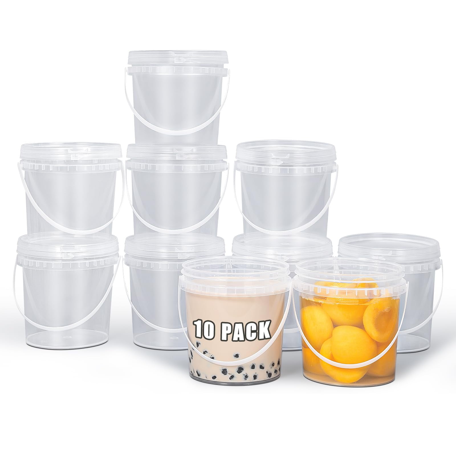 10-Pack 32 oz Airtight Clear Plastic Bucket with Lid, Ice Buckets for ...