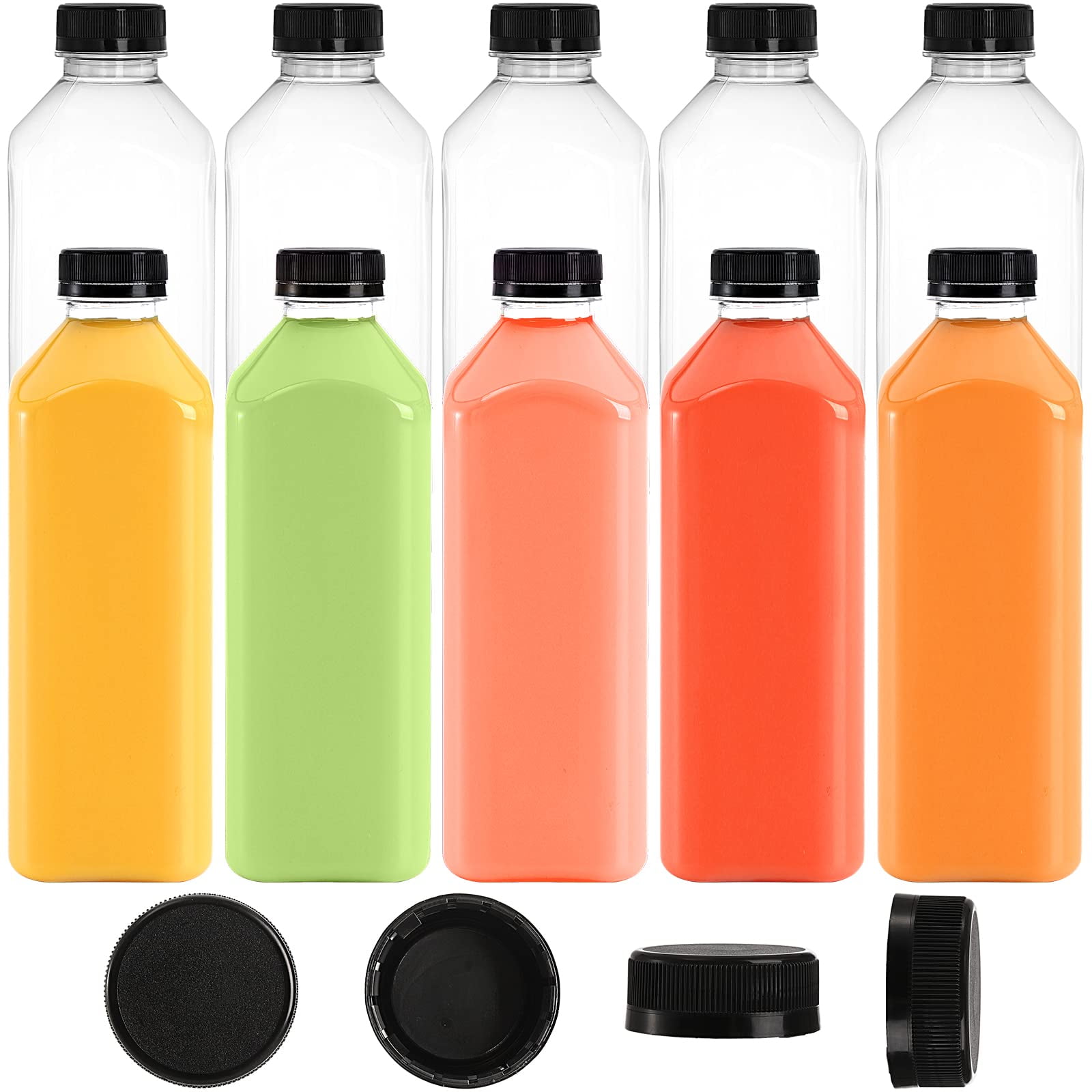 10 Pack 33oz Plastic Juice Bottles with Black Cap, Clear Reusable ...