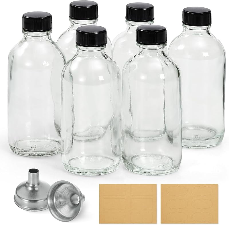 10 Pack, 4 oz Small Clear Glass Bottles w/ Lids & 3 Stainless Steel ...