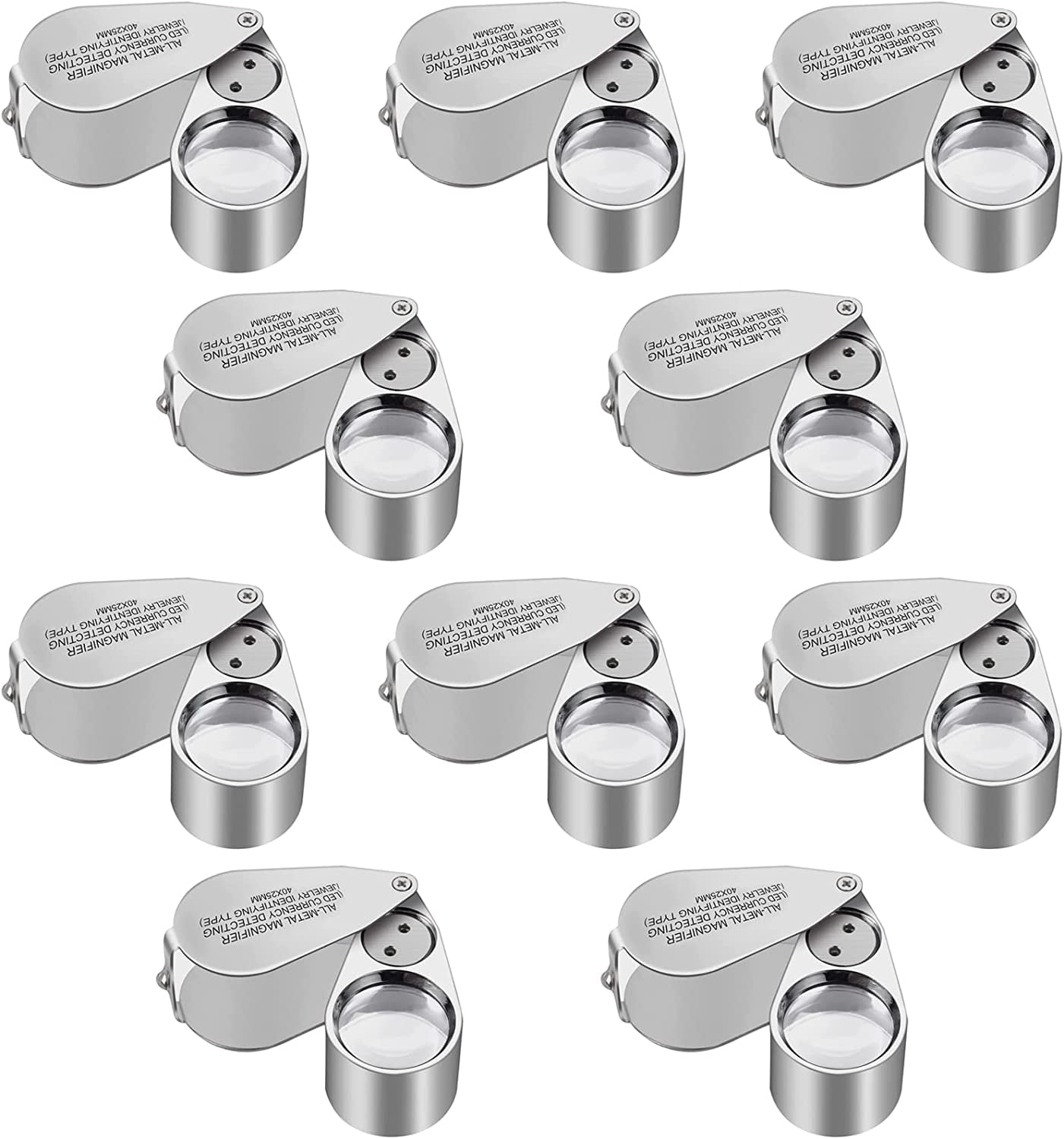 10 Pack 40X Full Metal Illuminated Jewelry Loop Magnifier, Pocket ...