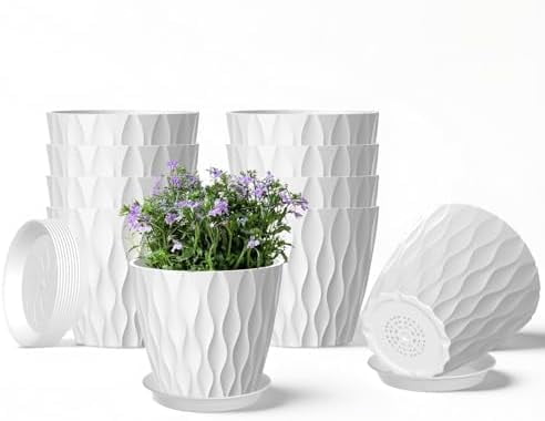 10 Pack 5 Inch Plant Pots with Drainage and Saucers, White Plastic ...