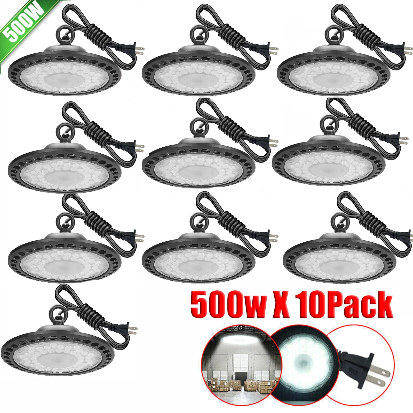 10 Pack 500W UFO LED High Bay Light, 30000lm, 6000K, Shop Industrial ...
