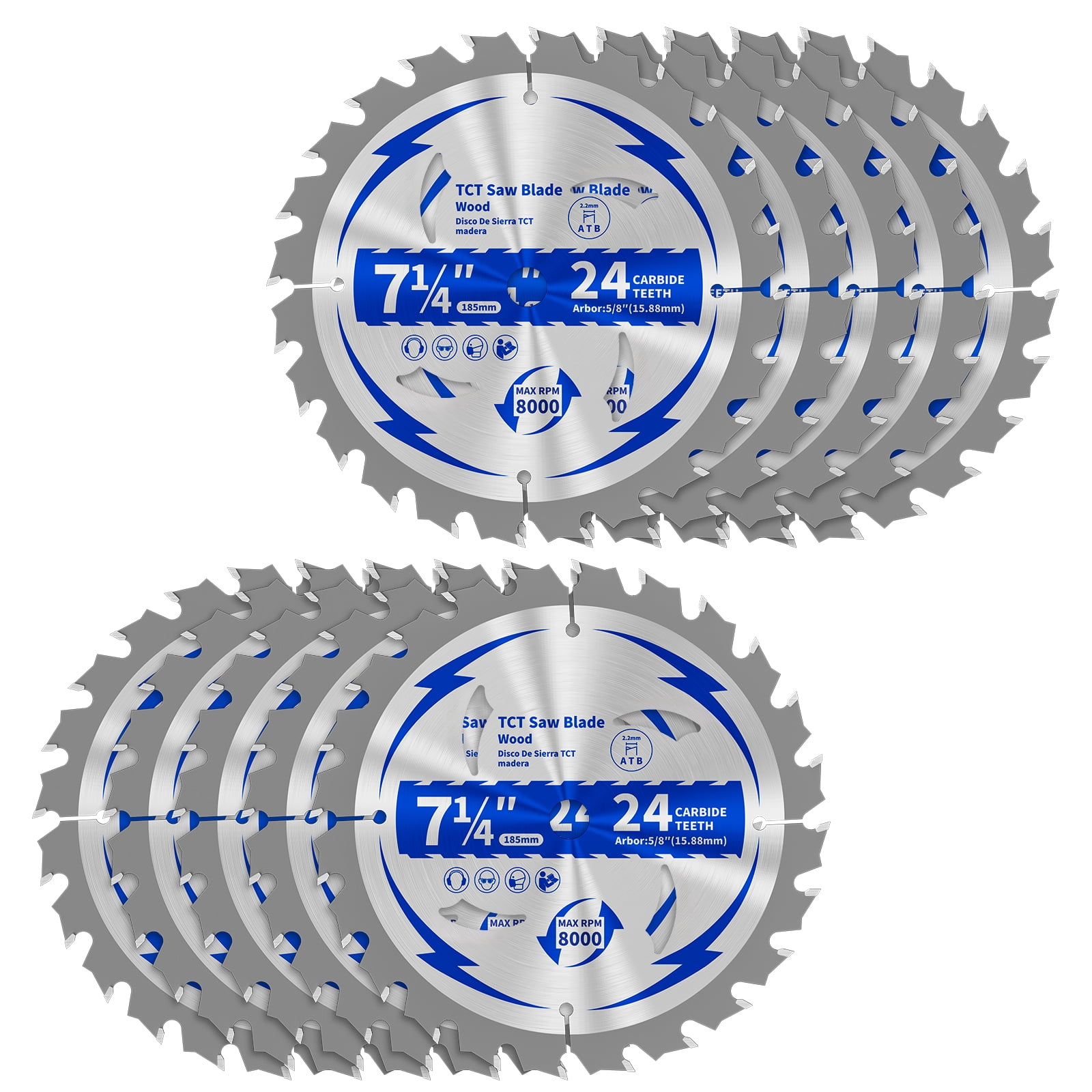 10-Pk 7-1/4 inch Carbide Saw Blades, 24T, 5/8" Arbor, Wood/Plastic ...