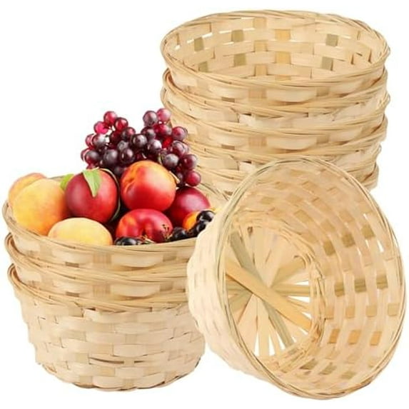 10 Pack 8 Inch Round Bamboo Woven Fruit Baskets, Small Bamboo Wicker ...