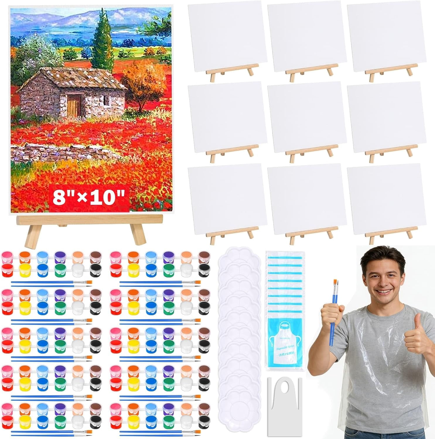 10 Pack 8x10 Inch Canvas and Easel Set with Acrylic Paints Brushes ...