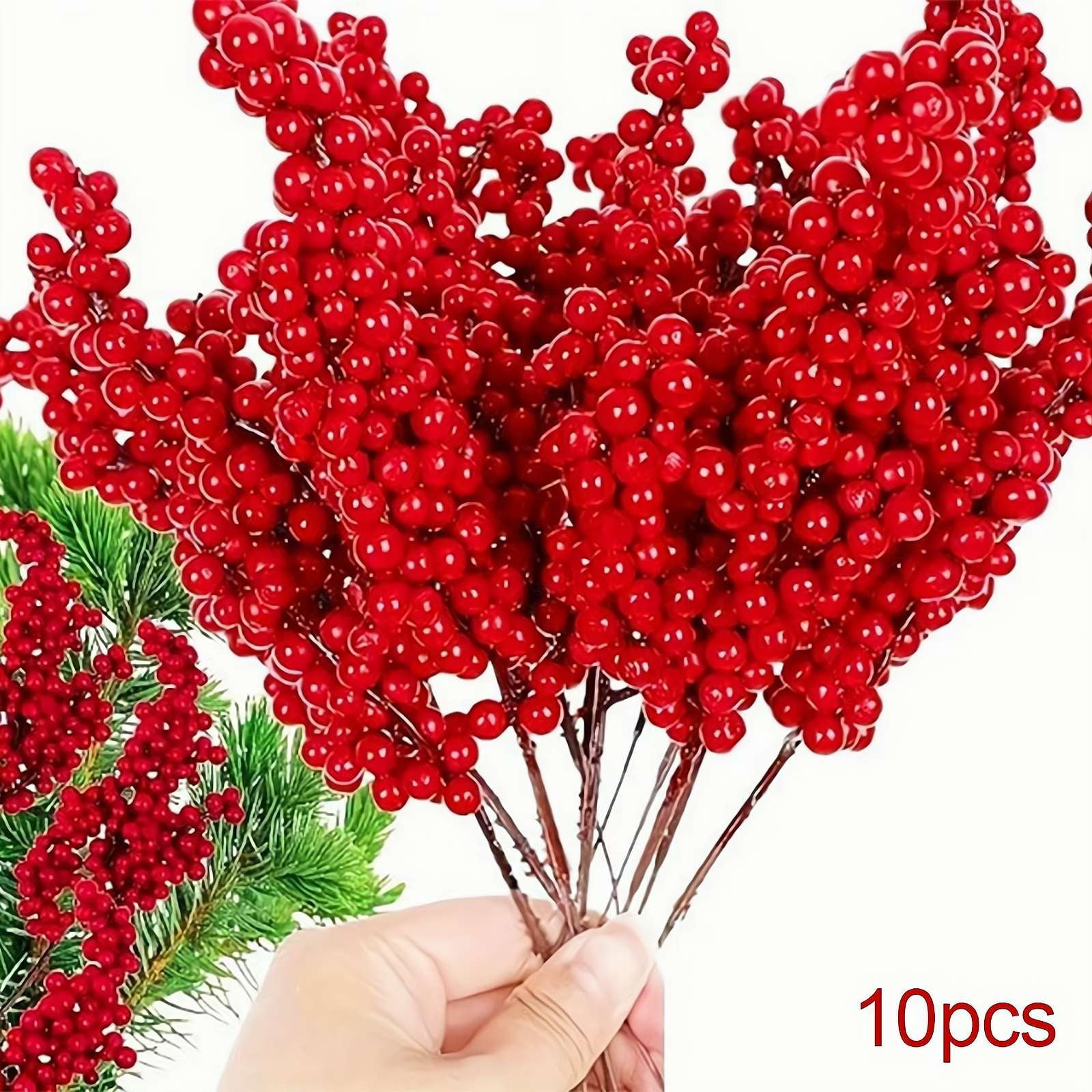10 Pack Artificial Red Holly Berry Stems for Christmas Tree, Winter ...