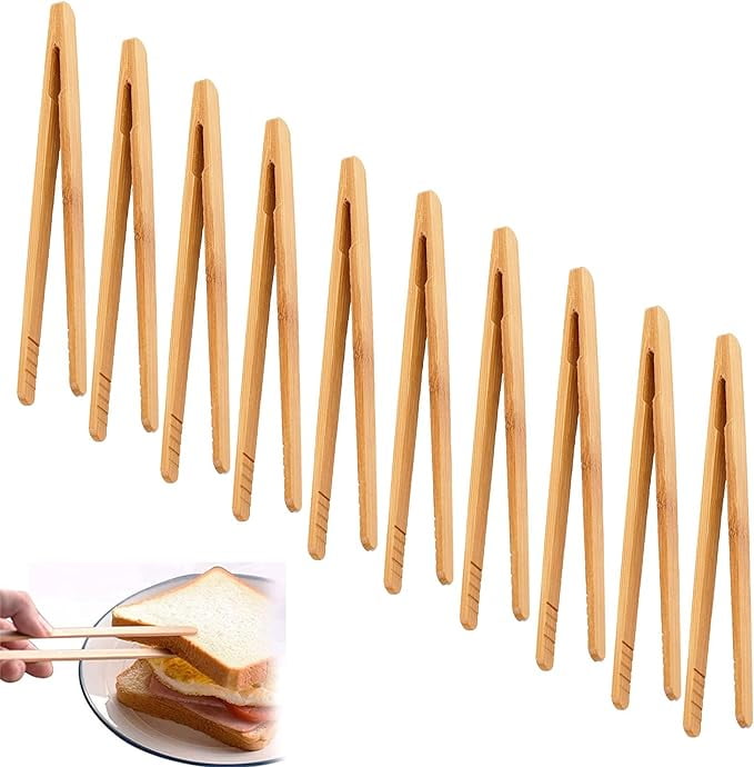 10 Pack Bamboo Tongs-Toaster Tongs Bamboo Reusable Wooden Tongs for ...