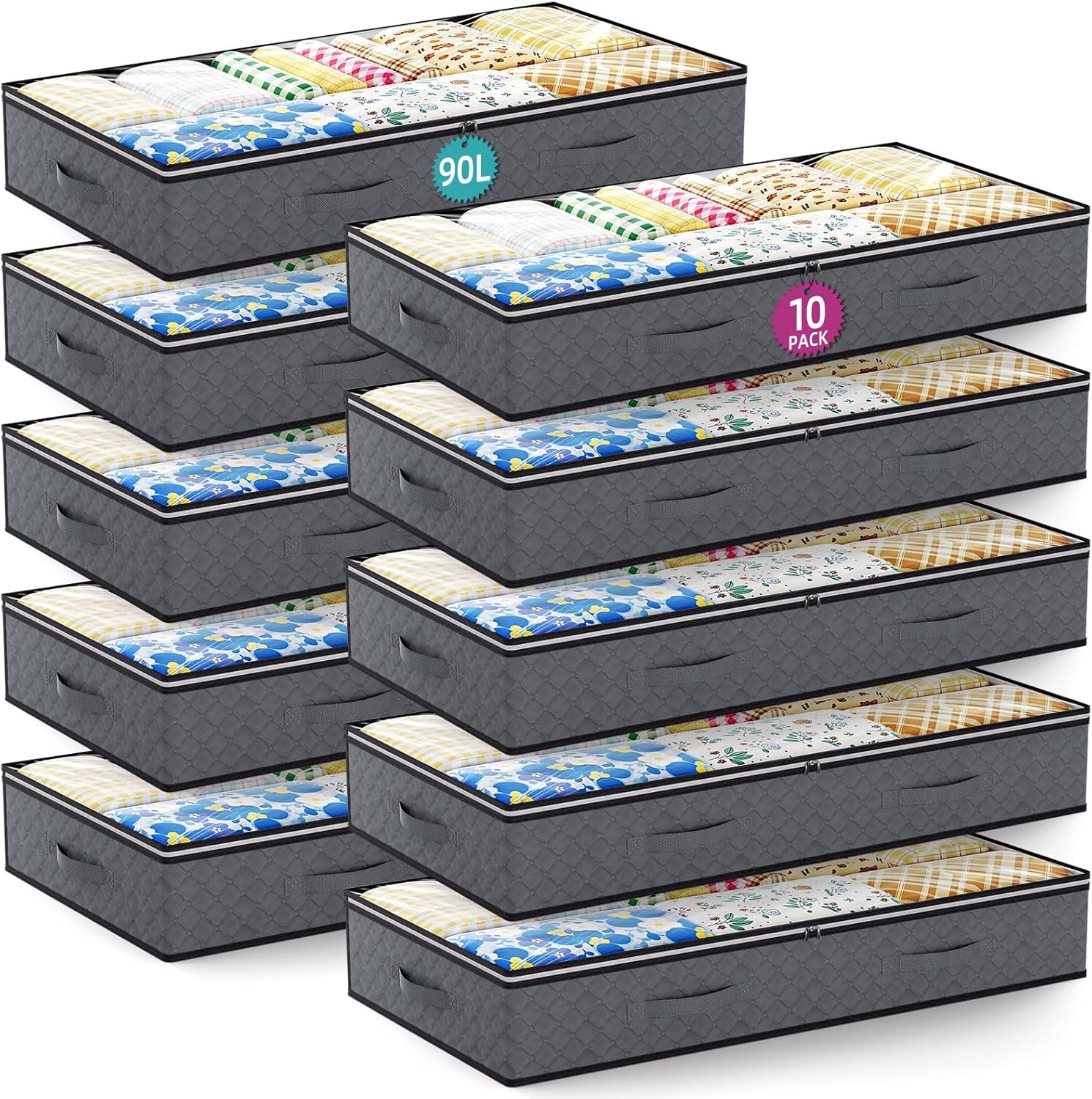 10 Pack Under Bed Storage Containers 90L Underbed Closet Organizer ...