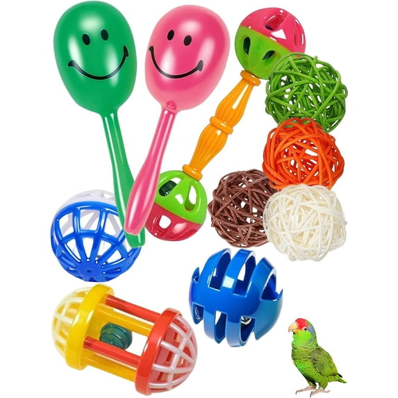 10-Pack Bird Toys for Parrots – Natural Rattan & Plastic Bell Balls ...