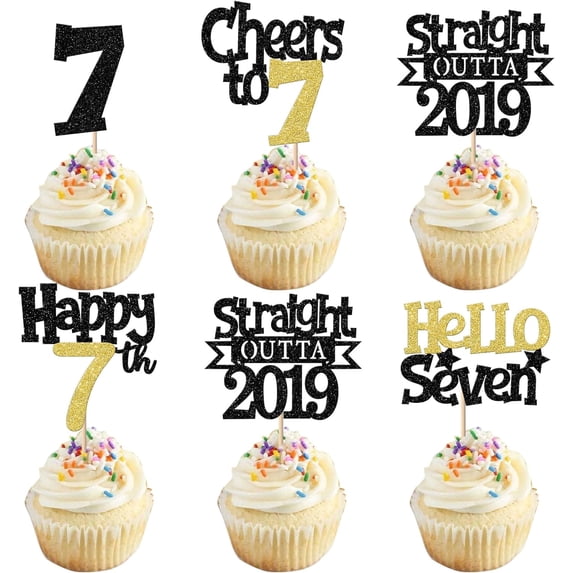 10 Pack Black & Gold Glitter 7th Birthday Cupcake Toppers, Cheers to 7 ...