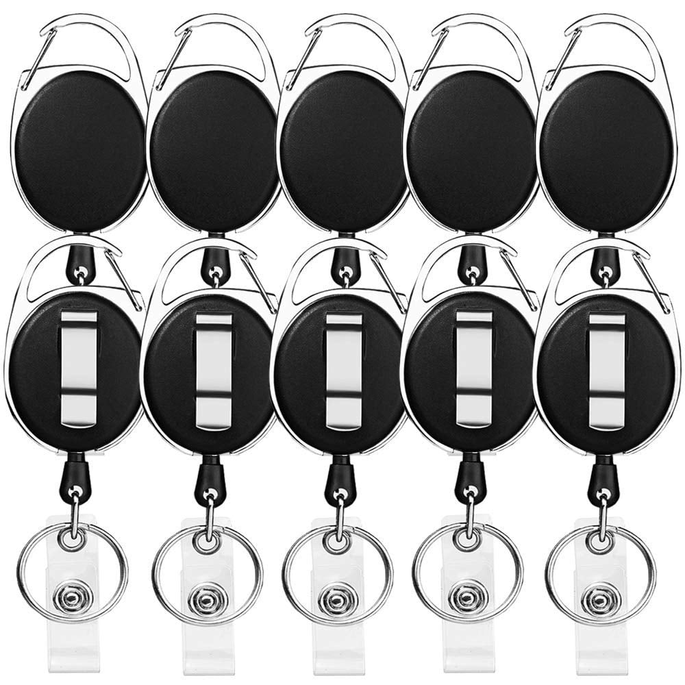 10-Pack Black Retractable Badge Reels with Carabiner Clip & Key Ring ...