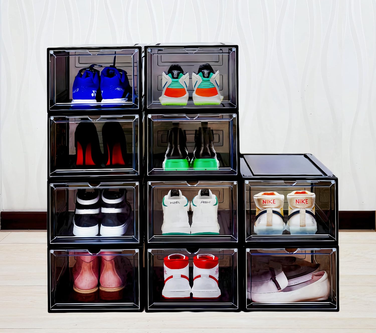 10 Pack Black Shoe Storage Boxes Stackable, Plastic Shoe Boxes with ...