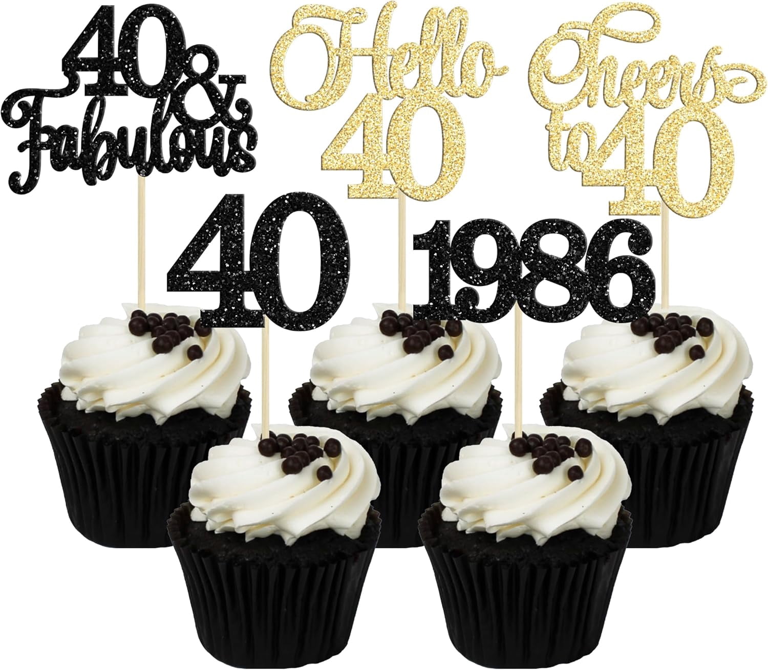 10 Pack Black and Gold Glitter 30th Birthday Cupcake Toppers, 30 ...