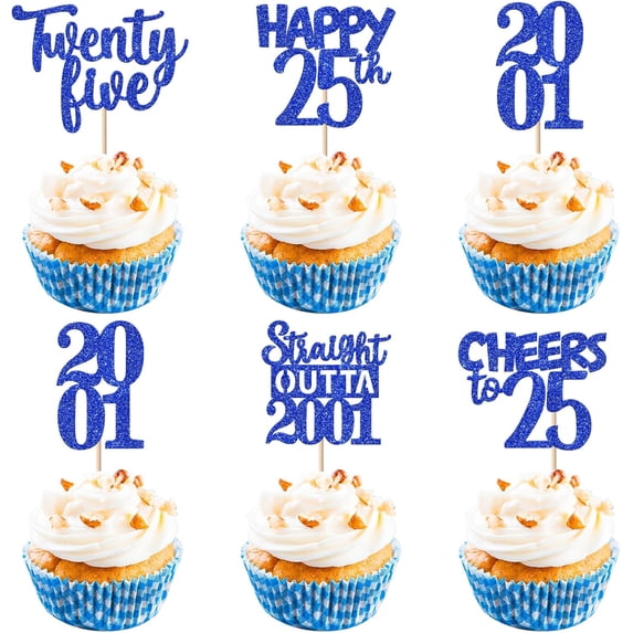 10 Pack Blue Glitter 25th Birthday Cupcake Toppers, Twenty Five Cake ...