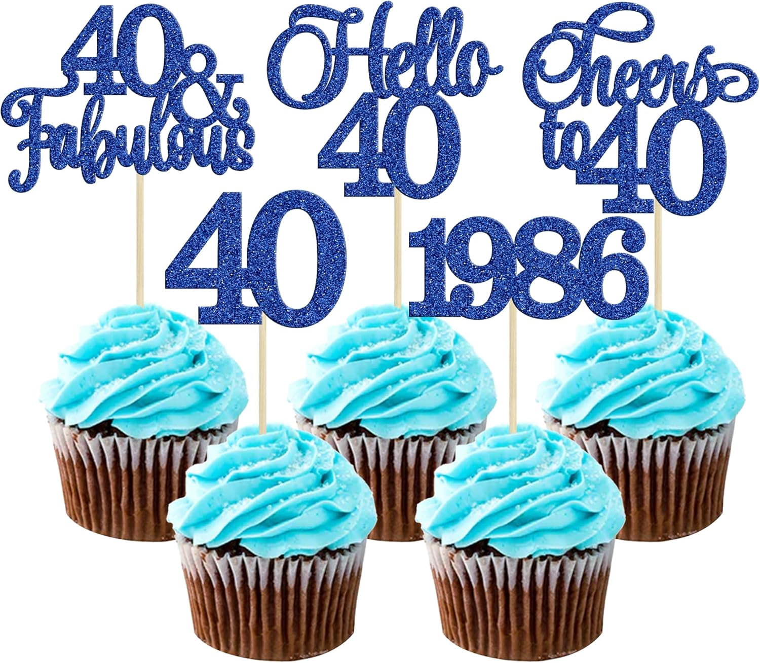 10 Pack Blue Glitter 40th Birthday Cupcake Toppers, 40 & Fabulous ...