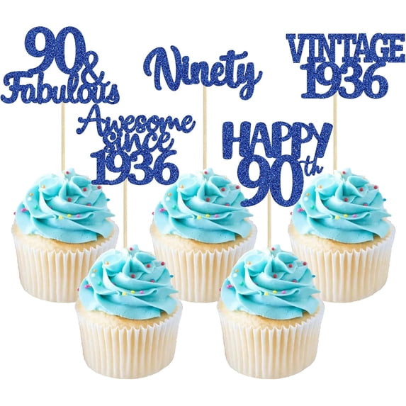 10 Pack Blue Glitter 90th Birthday Cupcake Toppers, Vintage 1936 Theme ...