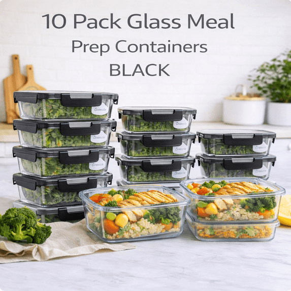 10-Pack Borosilicate Glass Food Storage Containers with Airtight Lids ...