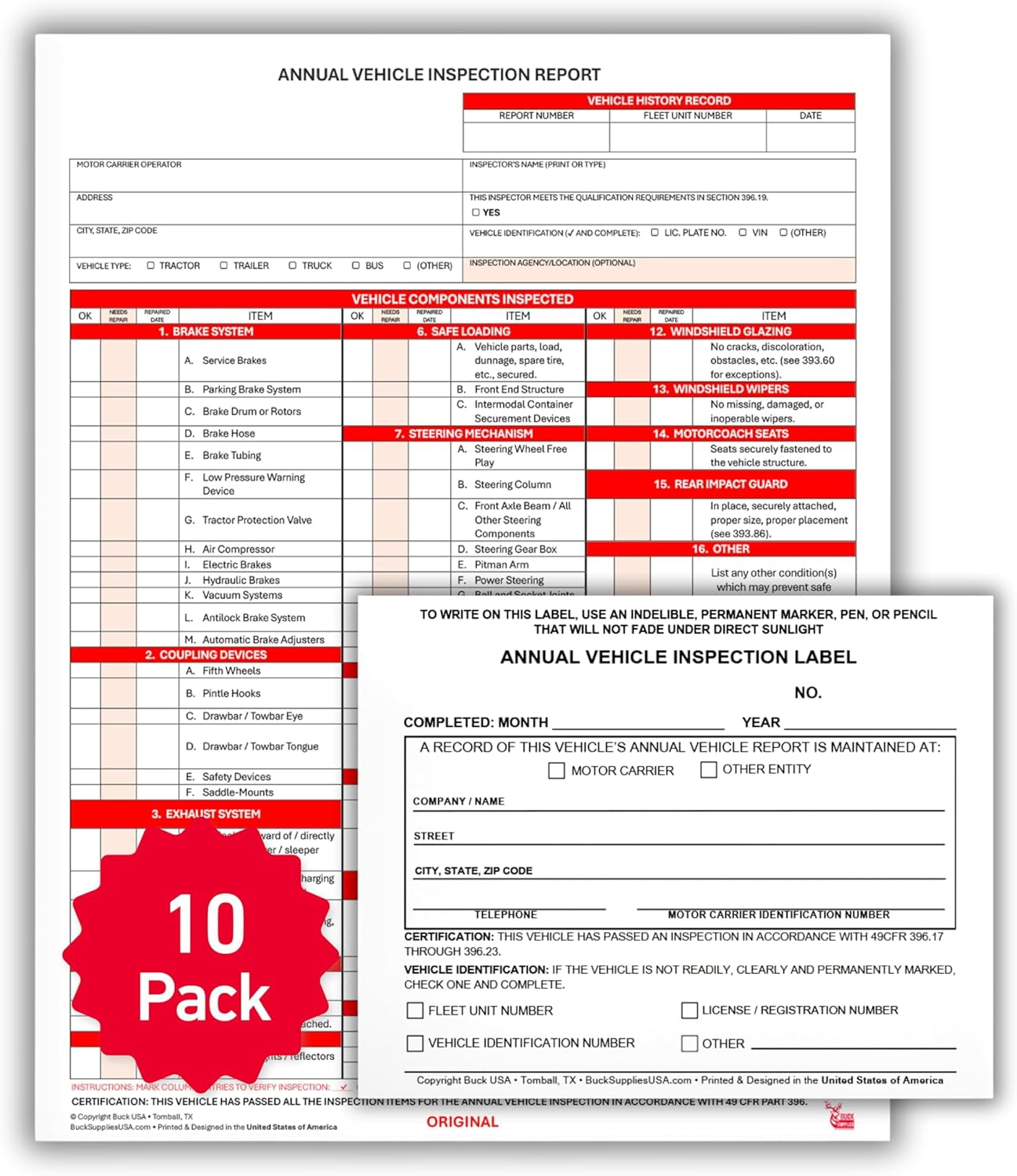10 Pack Buck 3-Ply Carbonless Annual Vehicle Inspection Report Forms ...