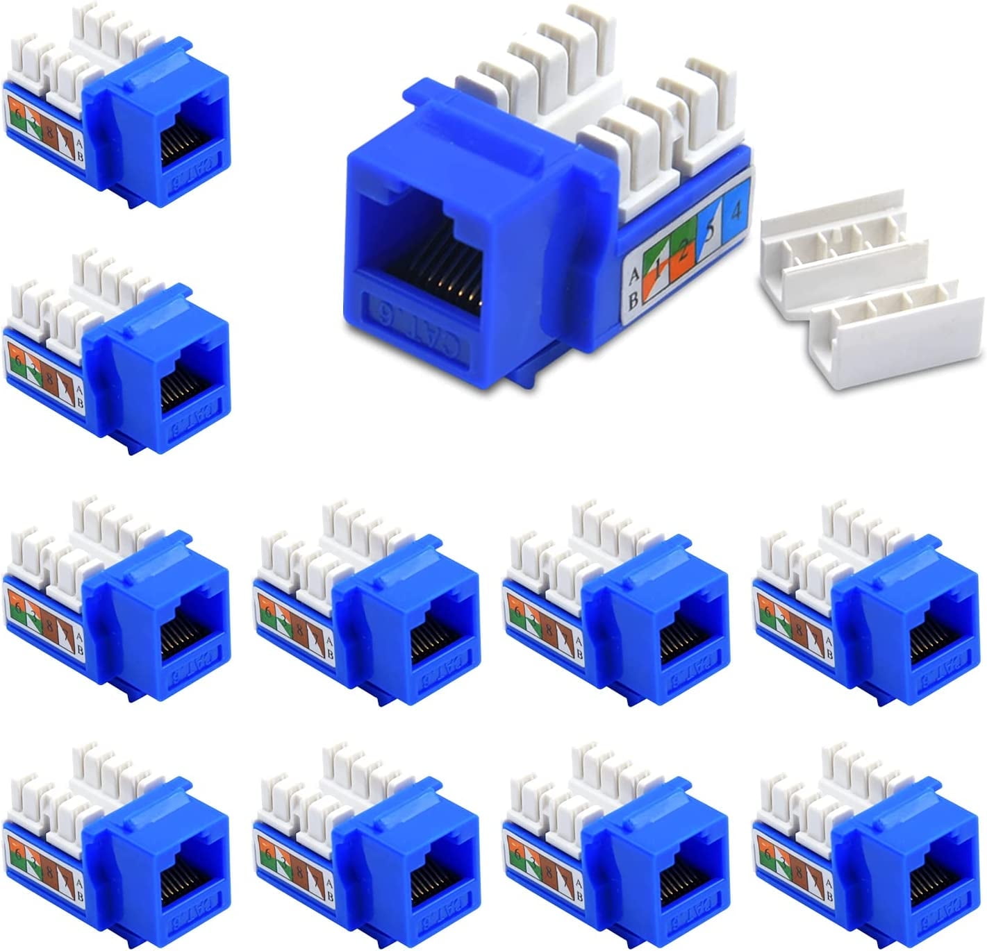 10-Pack Cat5e/Cat6 Keystone Jack 90 Degree 110 Punchdown Network Ethernet Wall Jack Blue ...