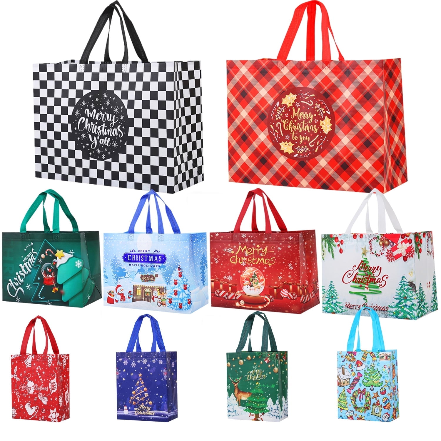 10 Pack Christmas Gift Bags Assorted Sizes, Reusable Tote Bags with ...