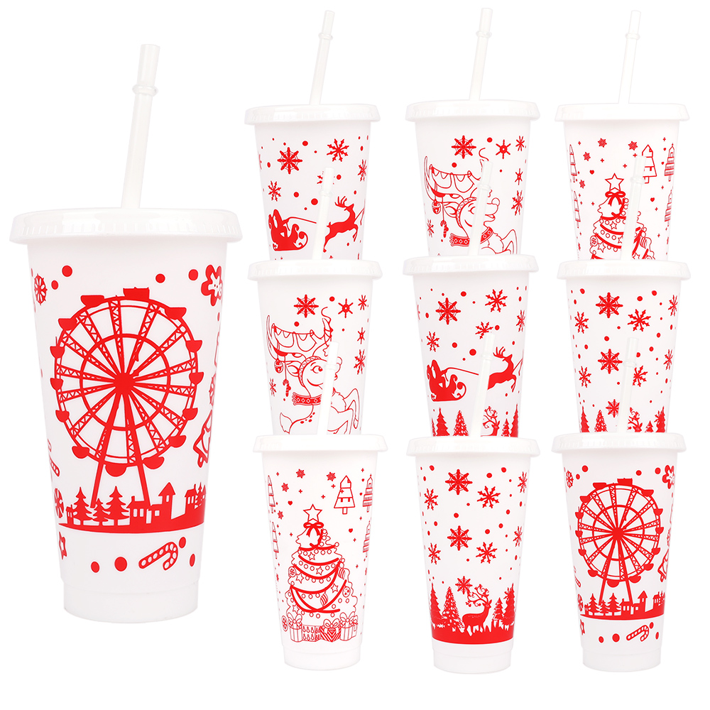 10 Pack Christmas Plastic Water Cup With Lid, Straw Cup, Party Cup ...