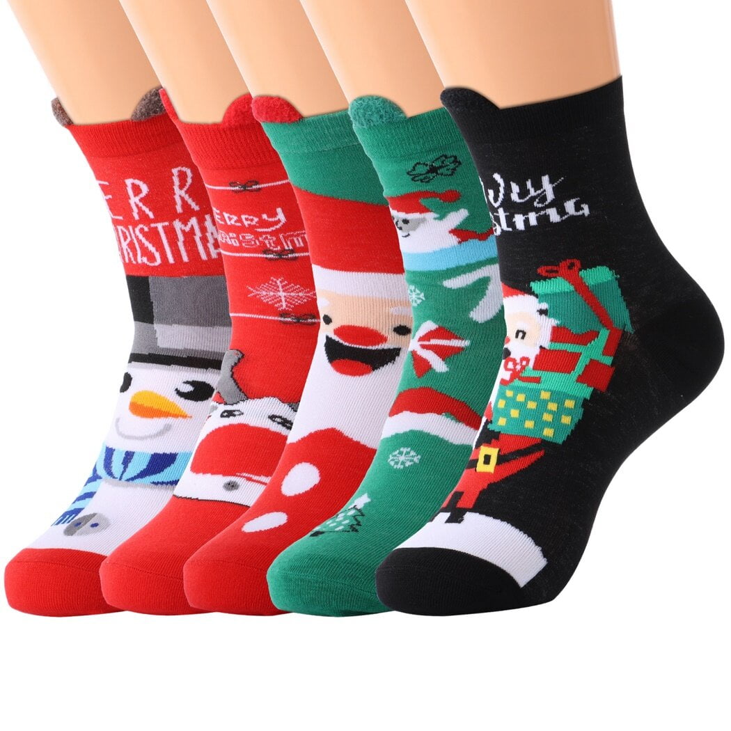 5 Pairs Christmas Socks, Warm Winter Socks, Christmas Tree Santa Claus ...