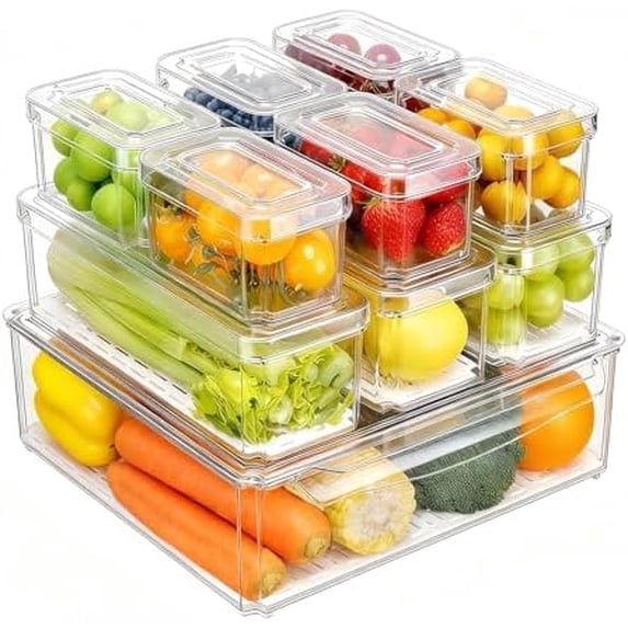 10-Pack Clear Fridge Organizer Containers with Lids, Stackable BPA-Free ...