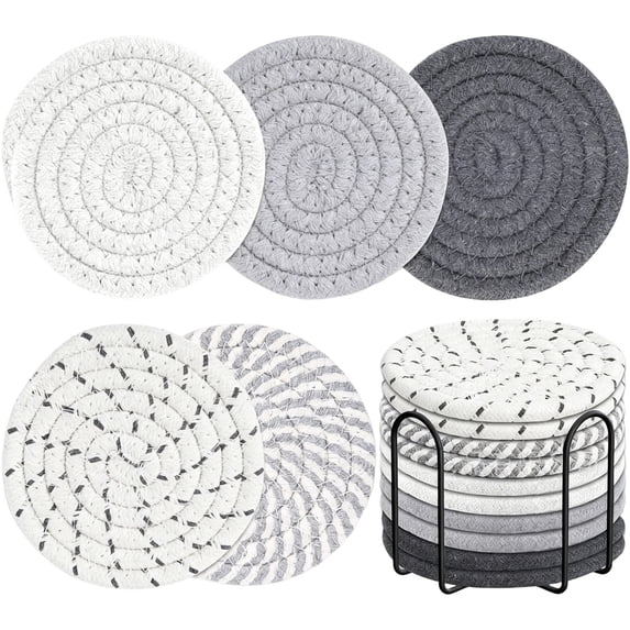 10 Pack Cotton Woven Coasters with Holder – Round Boho Drink Mats, Non ...