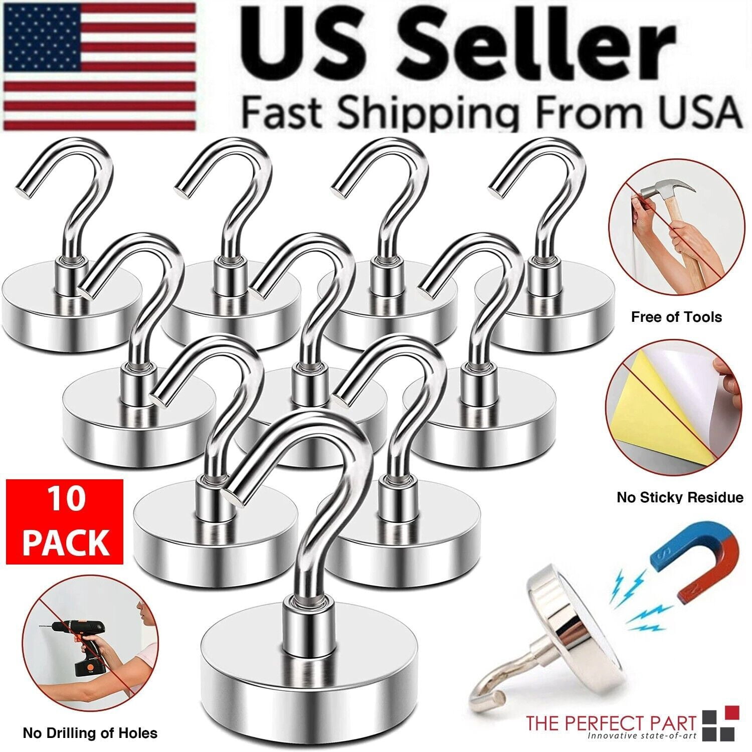 10 Pack Dia Strong Magnetic Hook Hanger N52 Neodymium Clamping Magnet ...
