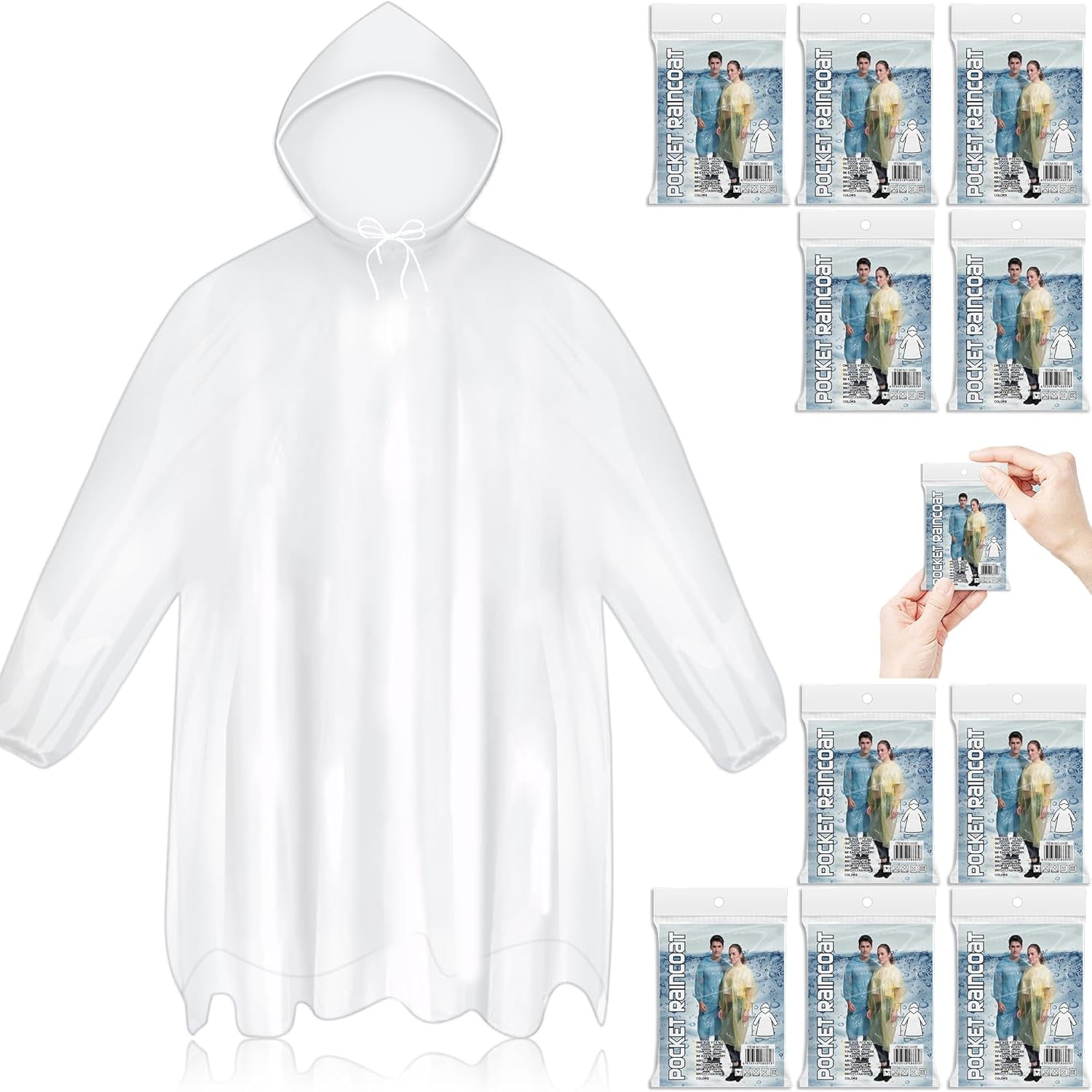 10 Pack Disposable Rain Ponchos for Adults, Card-Sized Ponchos Family Pack with Hood, Portable ...