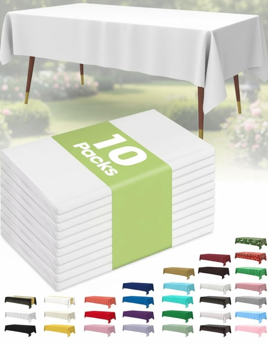 10-Pack Disposable White Plastic Tablecloths, 54x108 Inch Rectangle ...