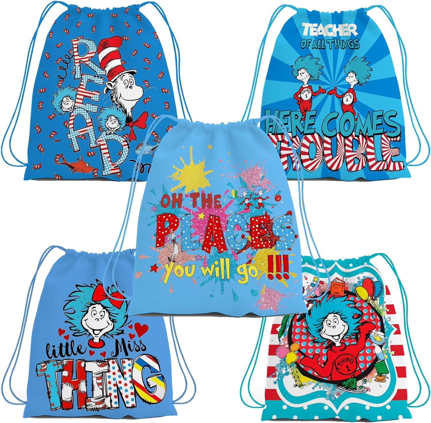 10 Pack Doctor Seuss Party Favor Bags Backpacks Cartoon Cat Drawstring ...