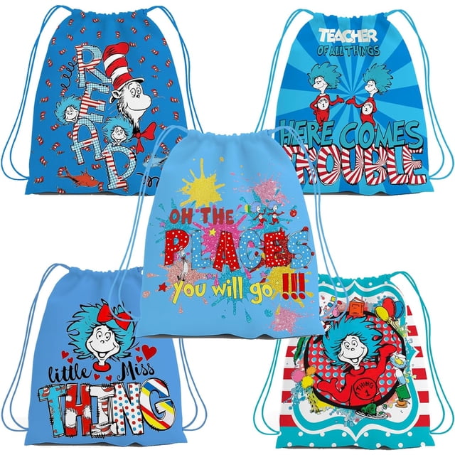 10 Pack Doctor Seuss Party Favor Bags Backpacks Cartoon Cat Drawstring ...