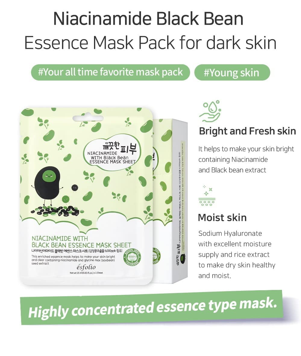 (10 Pack) Esfolio Pure Skin Black Bean Essence Korean Face Mask Sheet ...
