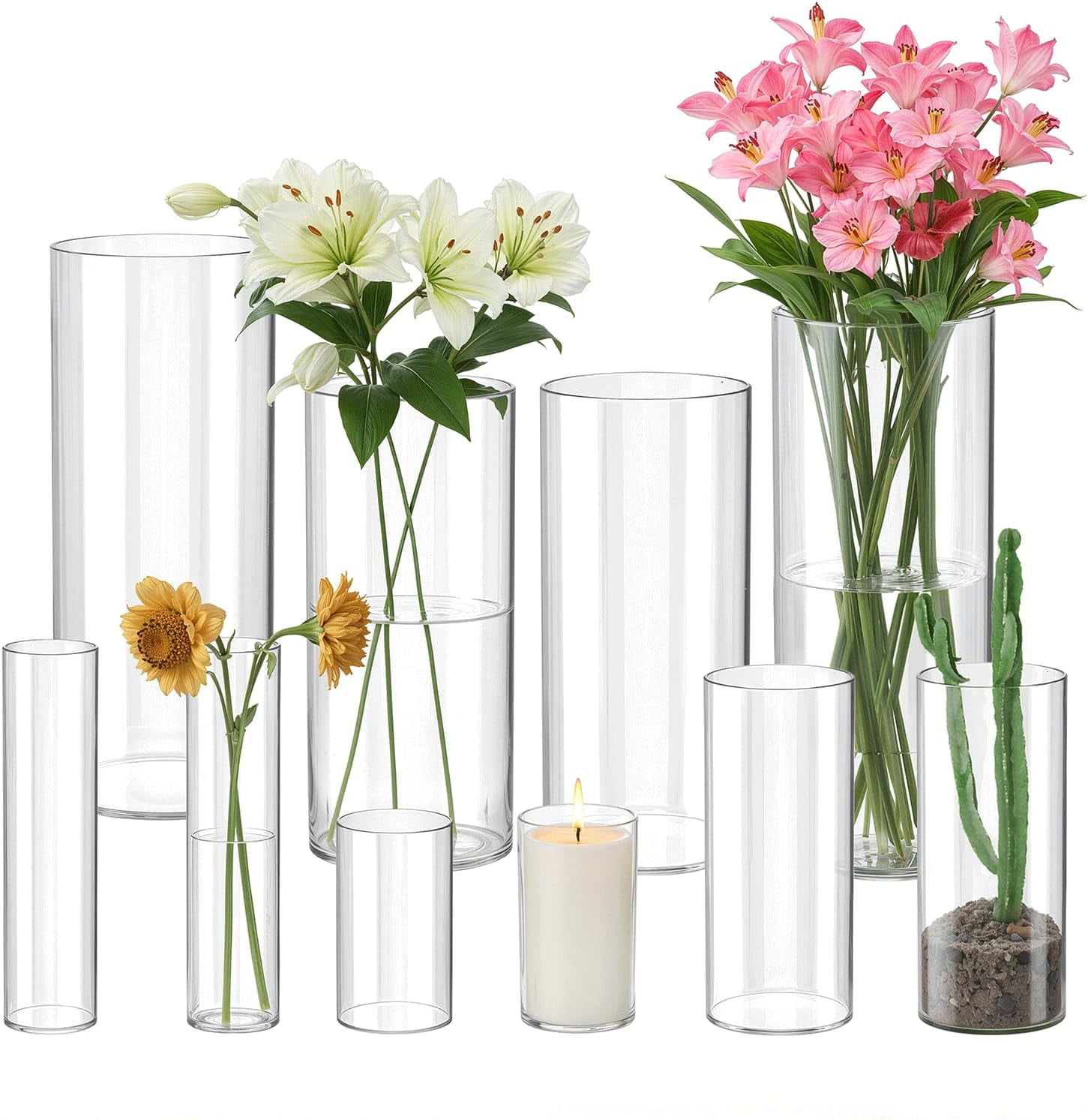 10 Pack Glass Cylinder Vase for Centerpieces, Clear Flower Glass Vases ...