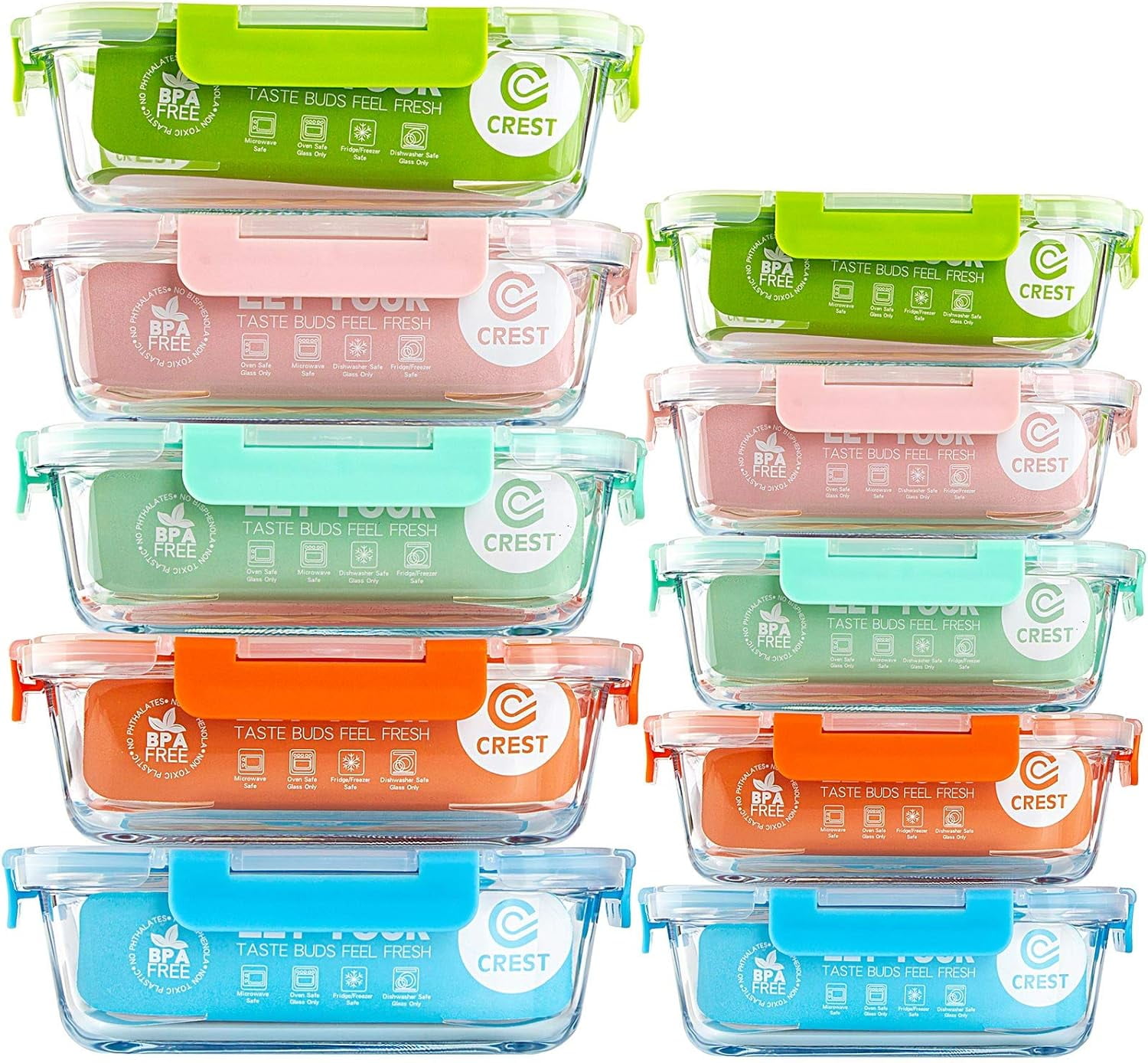 [10-Pack Glass Food Storage Containers (A Set of Five Colors), Meal ...