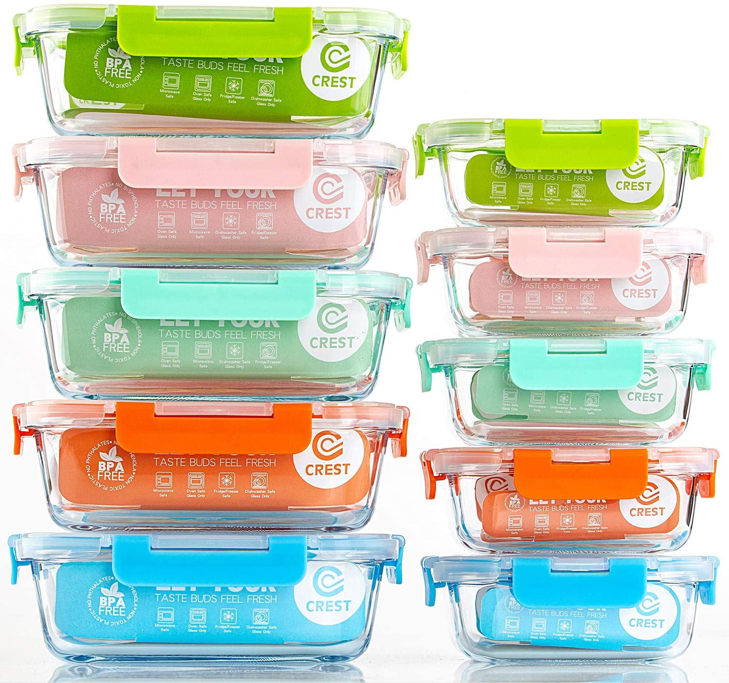 [10-Pack] Glass Food Storage Containers (A Set of Five Colors), Meal ...