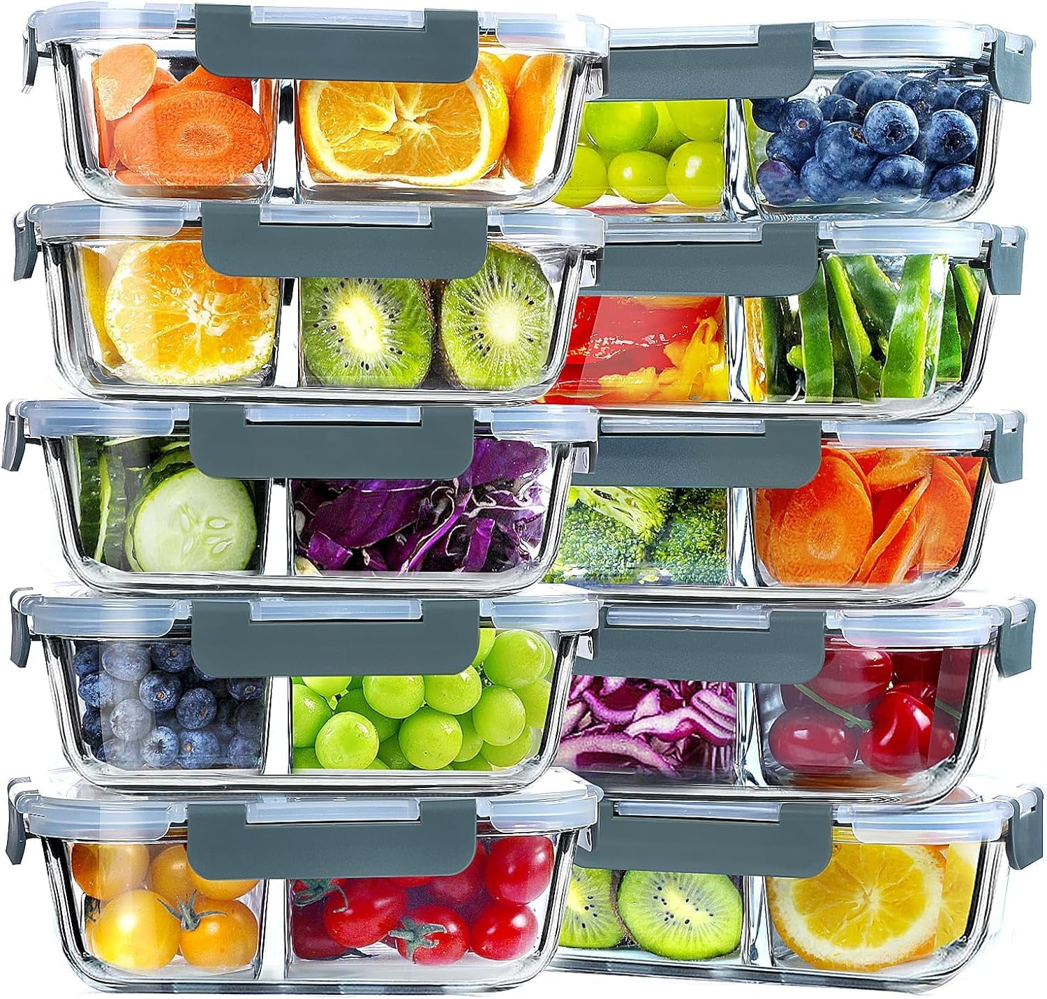 10 Pack Glass Meal Prep Containers 2 Compartment Set, 30 OZ Airtight ...