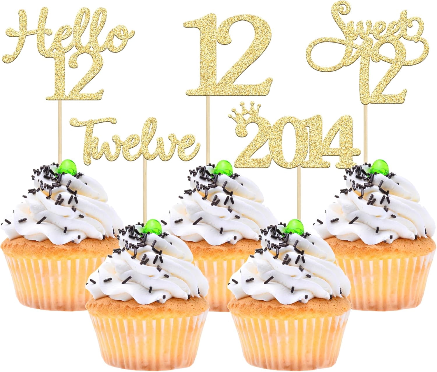 10 Pack Gold Glitter 12th Birthday Cupcake Toppers, Hello 12 Sweet 12 ...