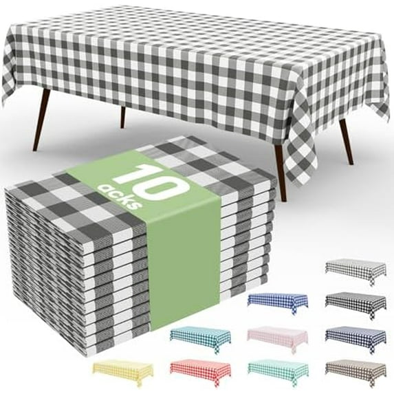 10 Pack Grey Gingham Disposable Tablecloths - 54" x 108" Heavy Duty ...