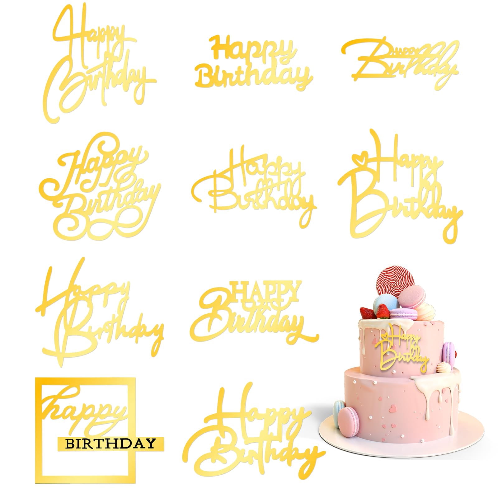 10 Pack Happy Birthday Cake Topper AIS1 Gold Mirror Cake Topper Acrylic ...