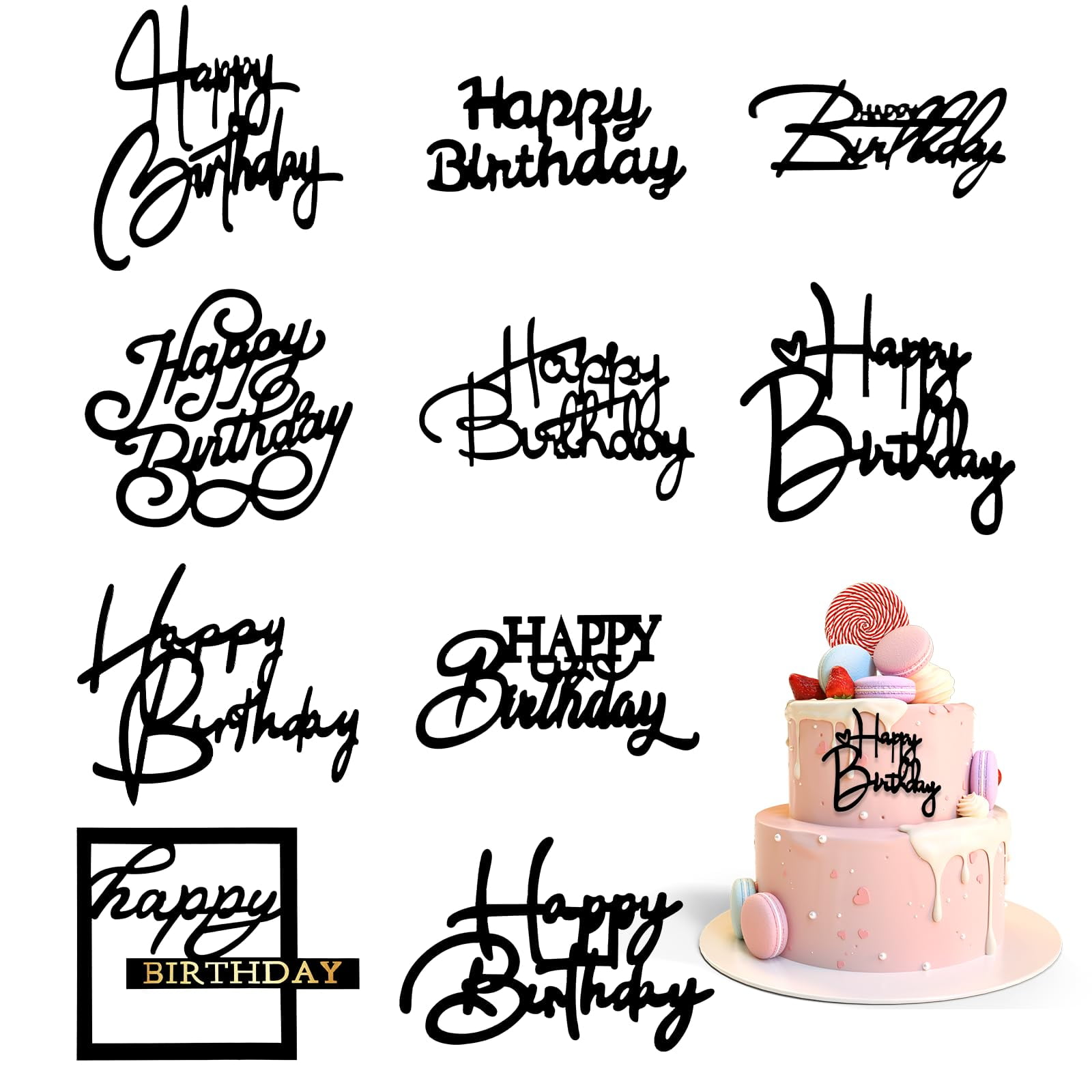 10 Pack Happy Birthday Cake Topper RST1 Black Mirror Cake Topper ...